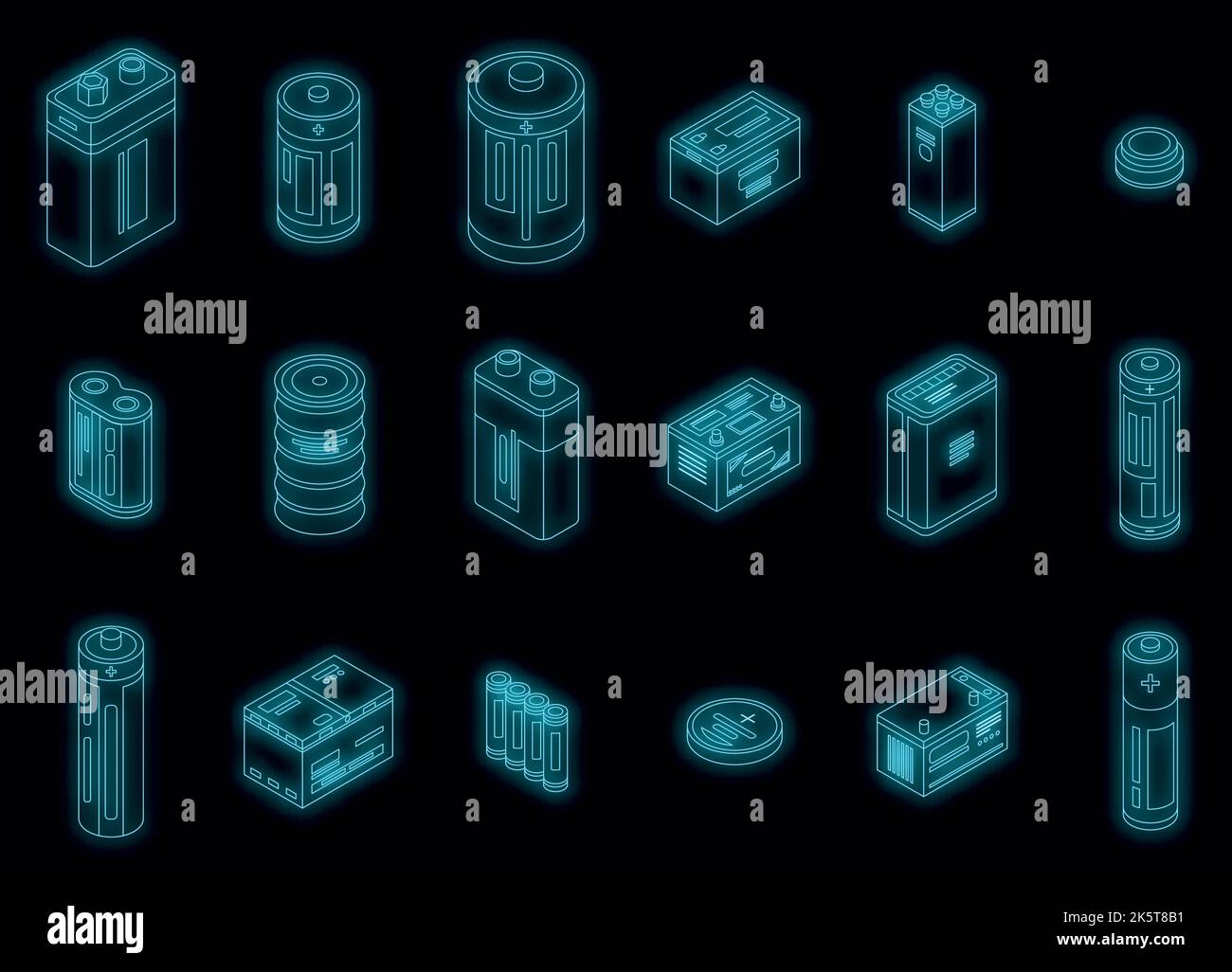 Battery icons set. Isometric set of battery vector icons neon color on ...