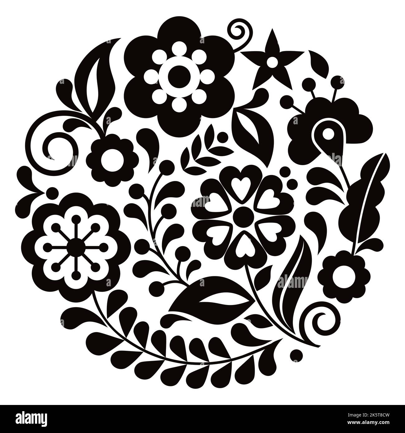 Mexican folk art style vector round floral pattern, black and white ...