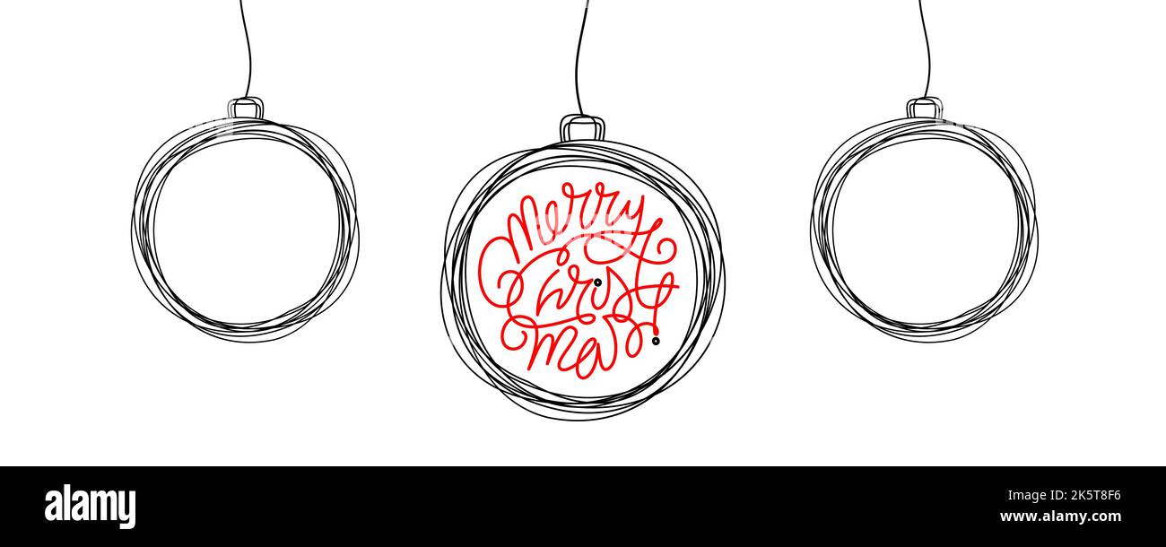 Hand drawn Merry Christmas lettering element in scribble pine tree ball ...