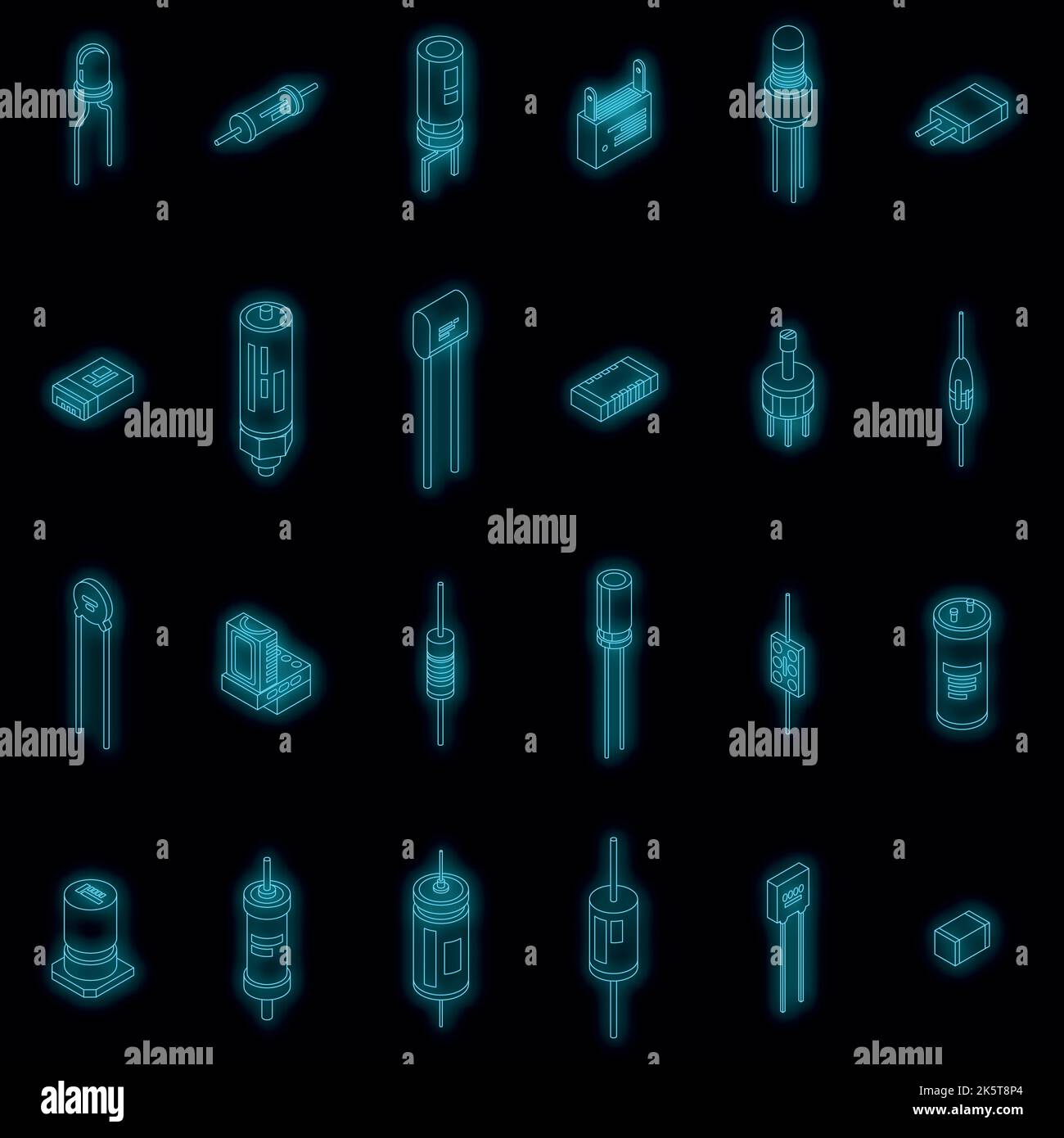 Capacitor icons set. Isometric set of capacitor vector icons neon color ...