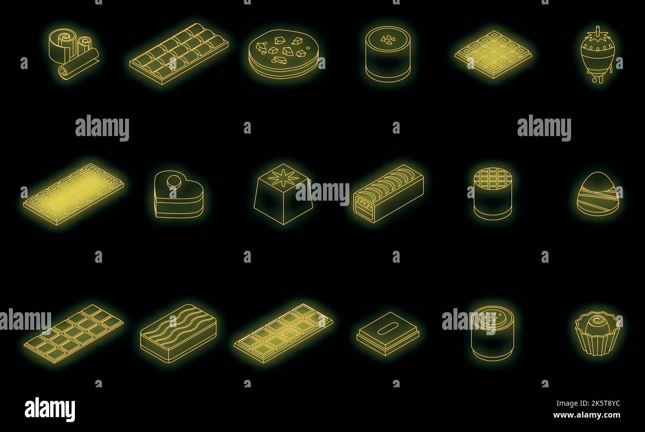 Chocolate icons set. Isometric set of chocolate vector icons neon color ...