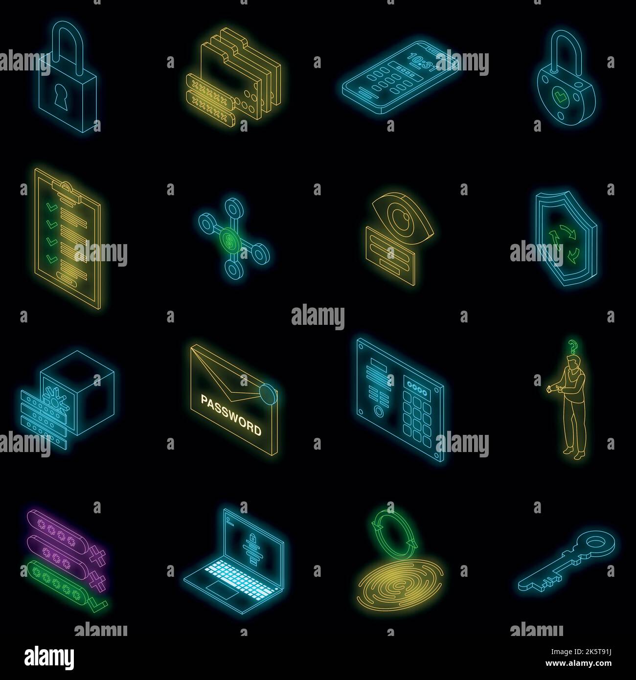 Password recovery icons set. Isometric set of password recovery vector icons neon color on black ...