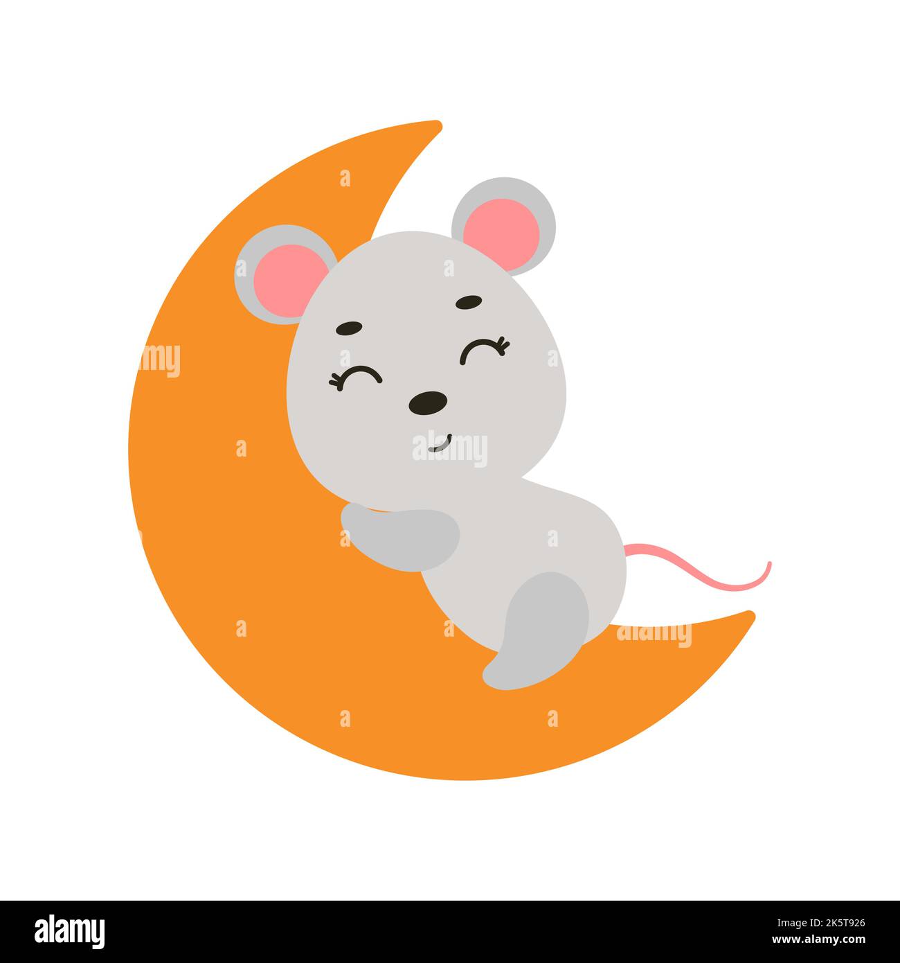 Cute little mouse sleeping on moon. Cartoon animal character for kids t ...