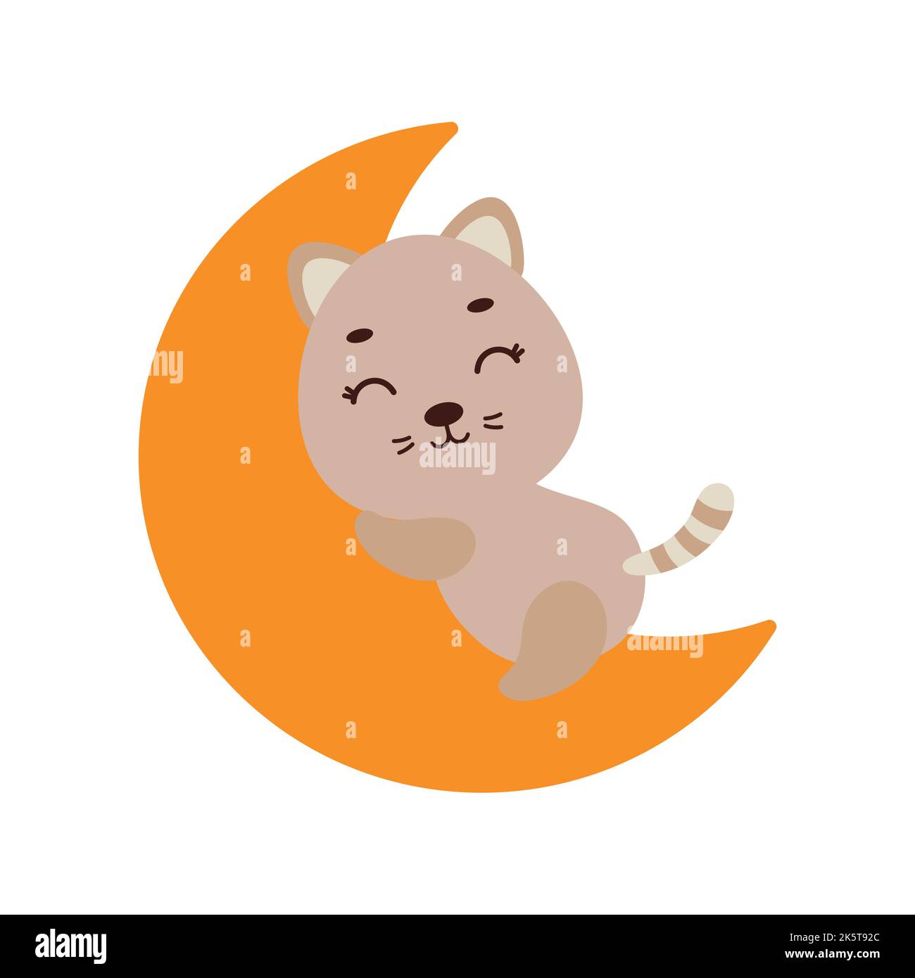Cute little cat sleeping on moon. Cartoon animal character for kids t ...