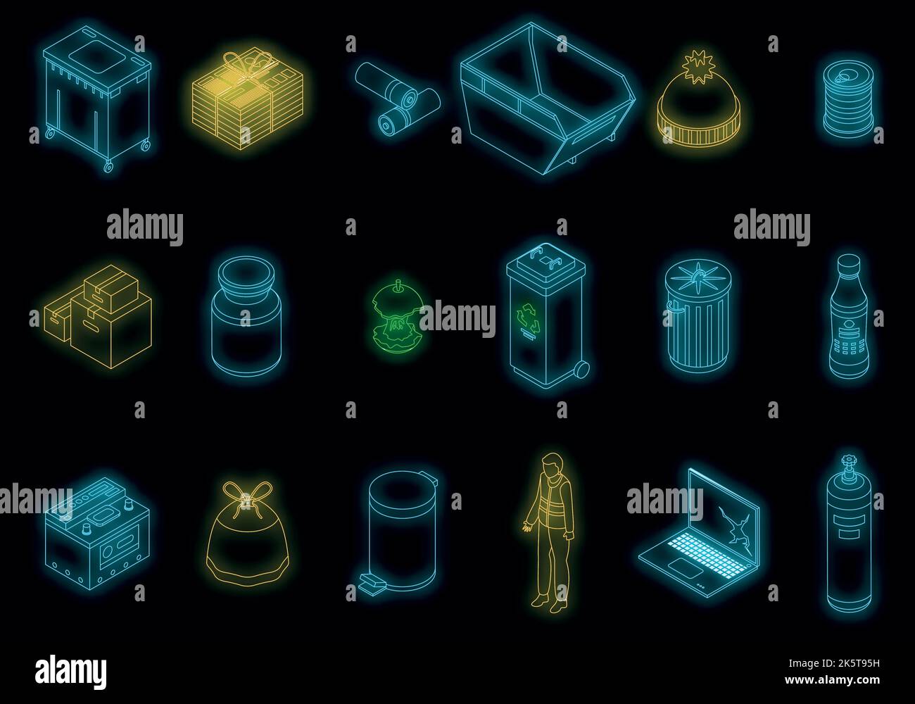 Waste icons set. Isometric set of waste vector icons neon color on ...
