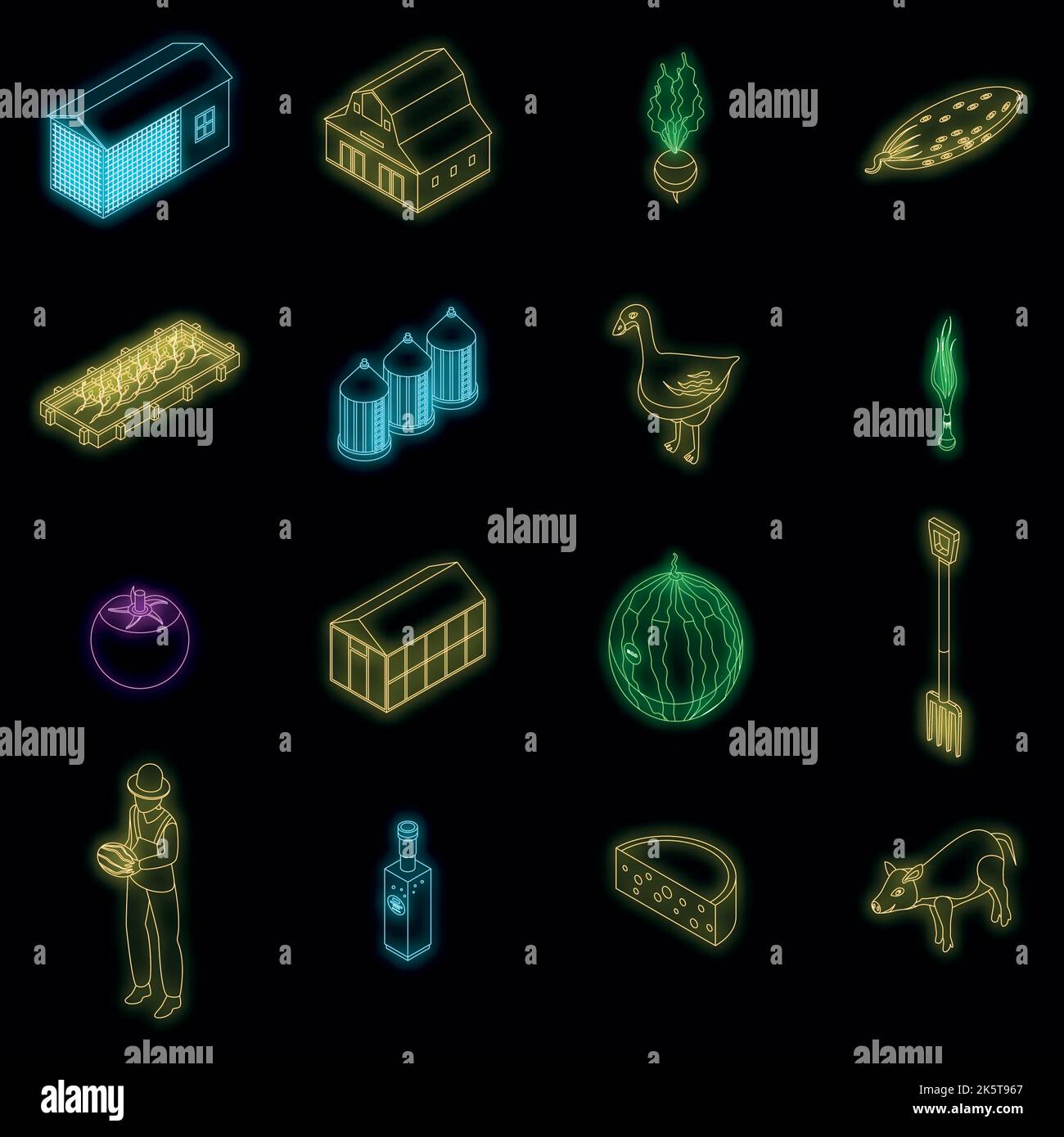 Eco farming icons set. Isometric set of eco farming vector icons neon ...