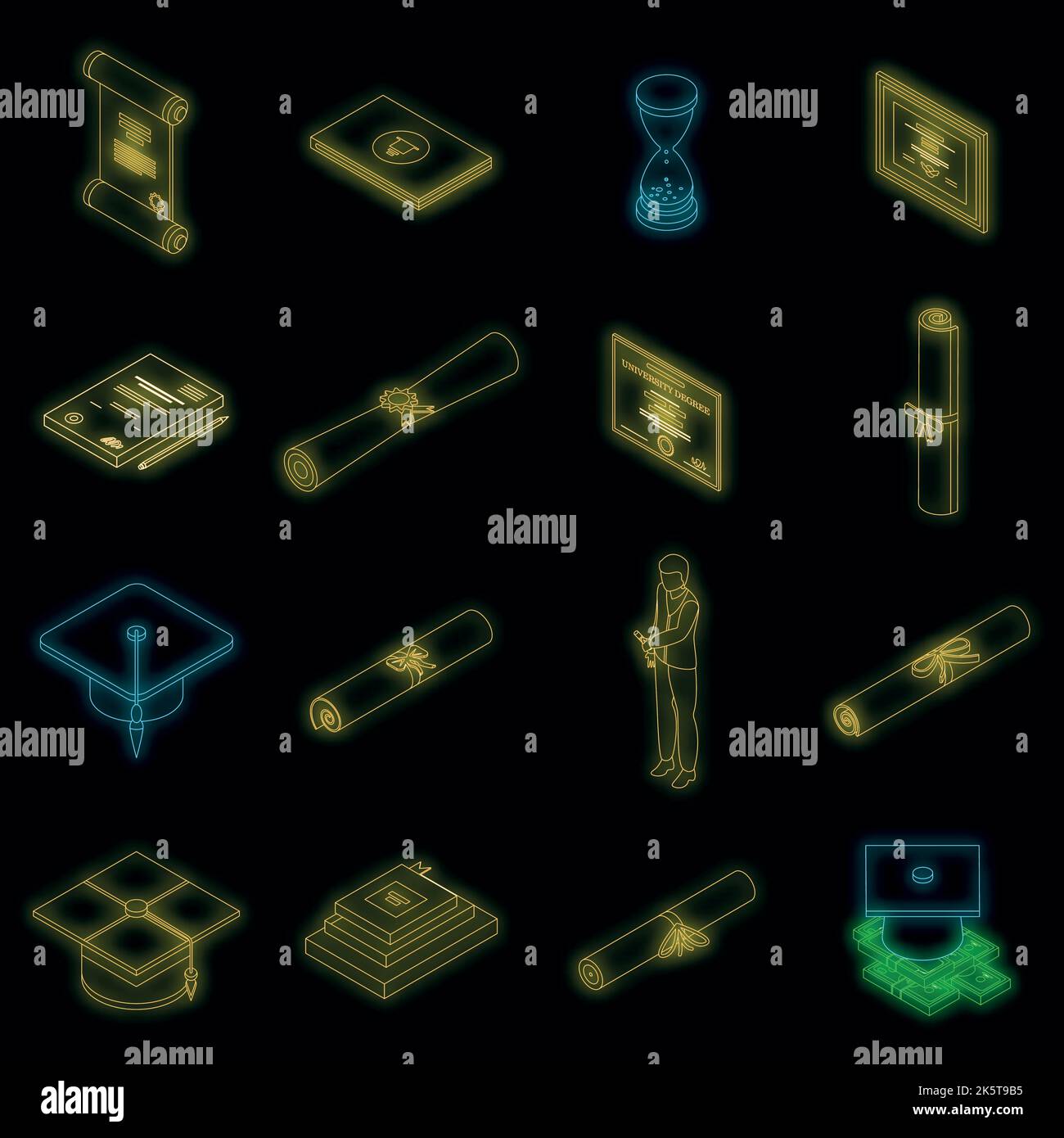 Degree icons set. Isometric set of degree vector icons neon color on ...