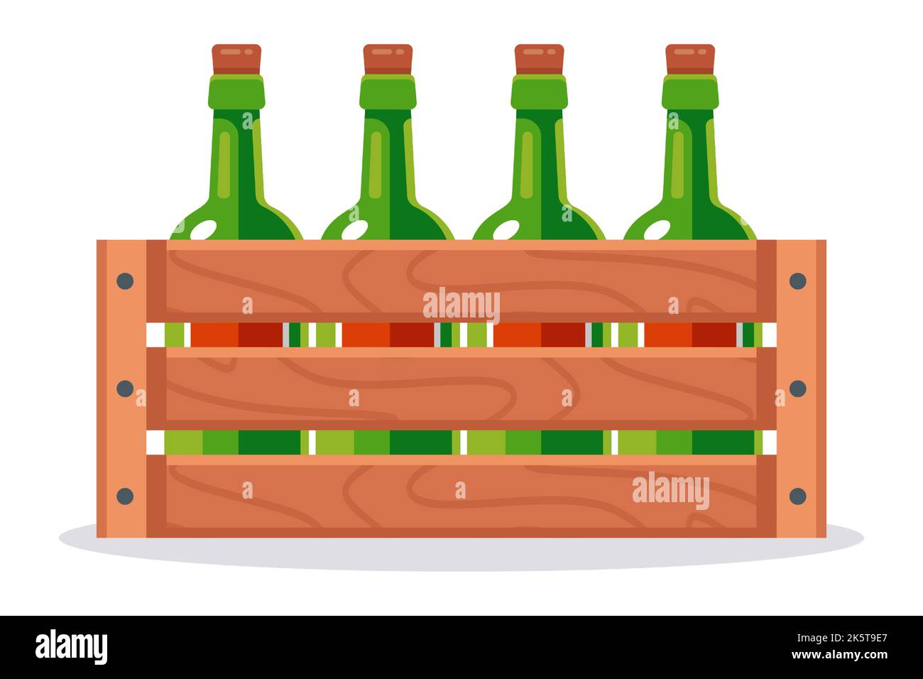 wooden box with glass wine bottles. alcohol in the package. flat vector ...