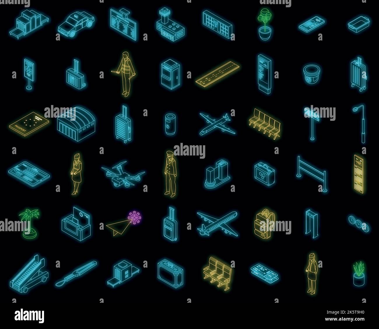 Airlines icons set. Isometric set of airlines vector icons neon color on black Stock Vector ...