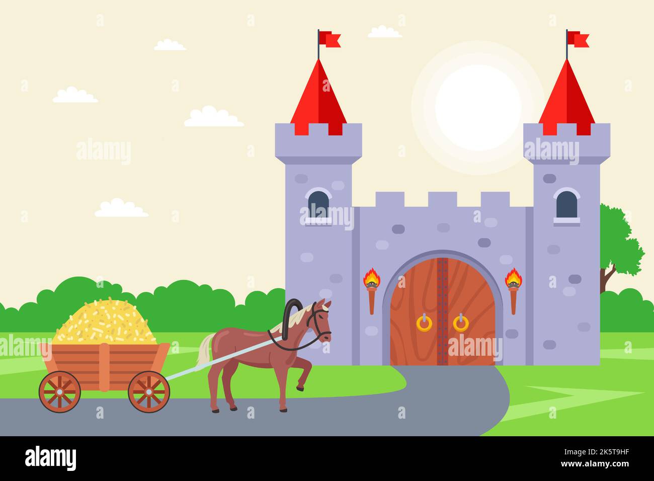 medieval castle and the road to it. a wagon carrying hay to the citadel ...