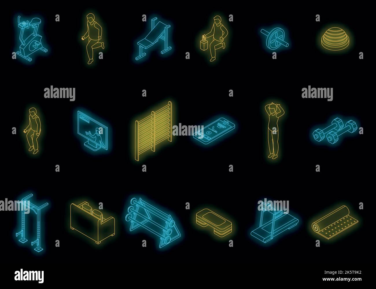 Home gym icons set. Isometric set of home gym vector icons neon color on black Stock Vector ...