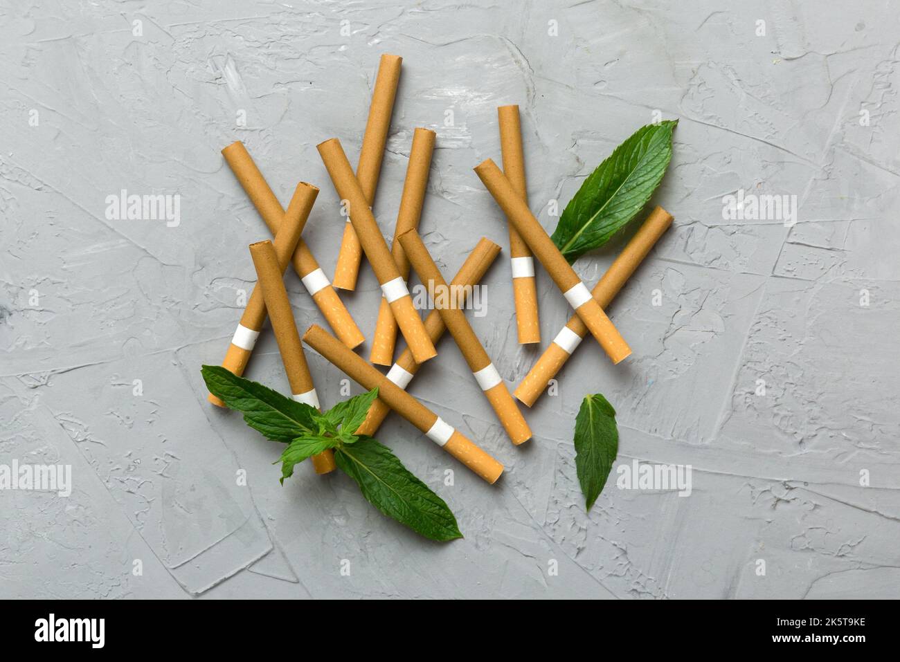 Menthol cigarettes and fresh mint leaves on colored background, Many ...