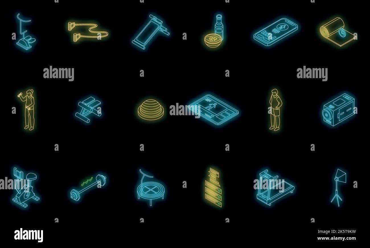 Fitness blog icons set. Isometric set of fitness blog vector icons neon ...