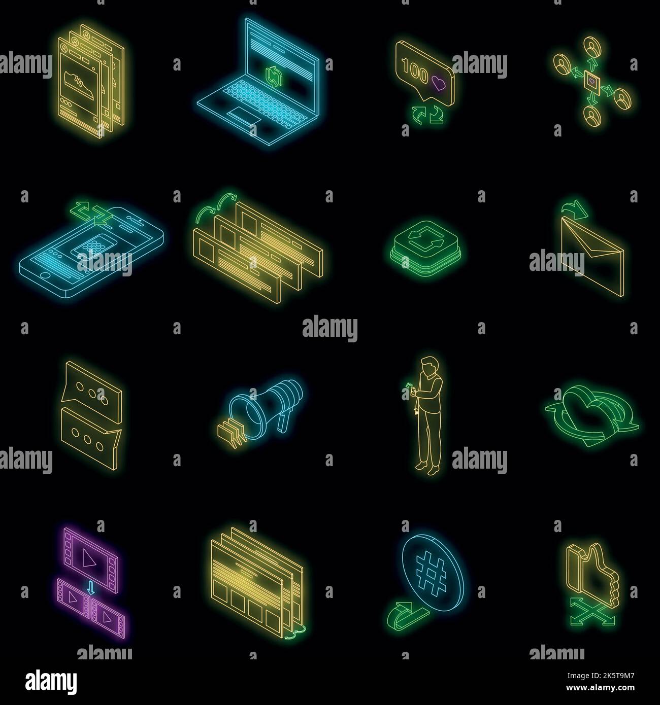 Repost icons set. Isometric set of repost vector icons neon color on ...