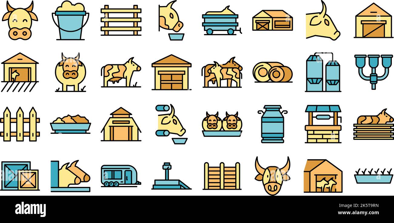 Breeding cows icons set outline vector. Dairy milk. Eat farm color thin ...