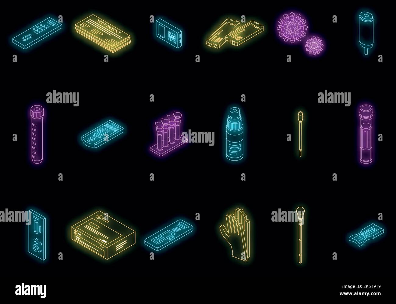Covid test icons set. Isometric set of covid test vector icons neon ...