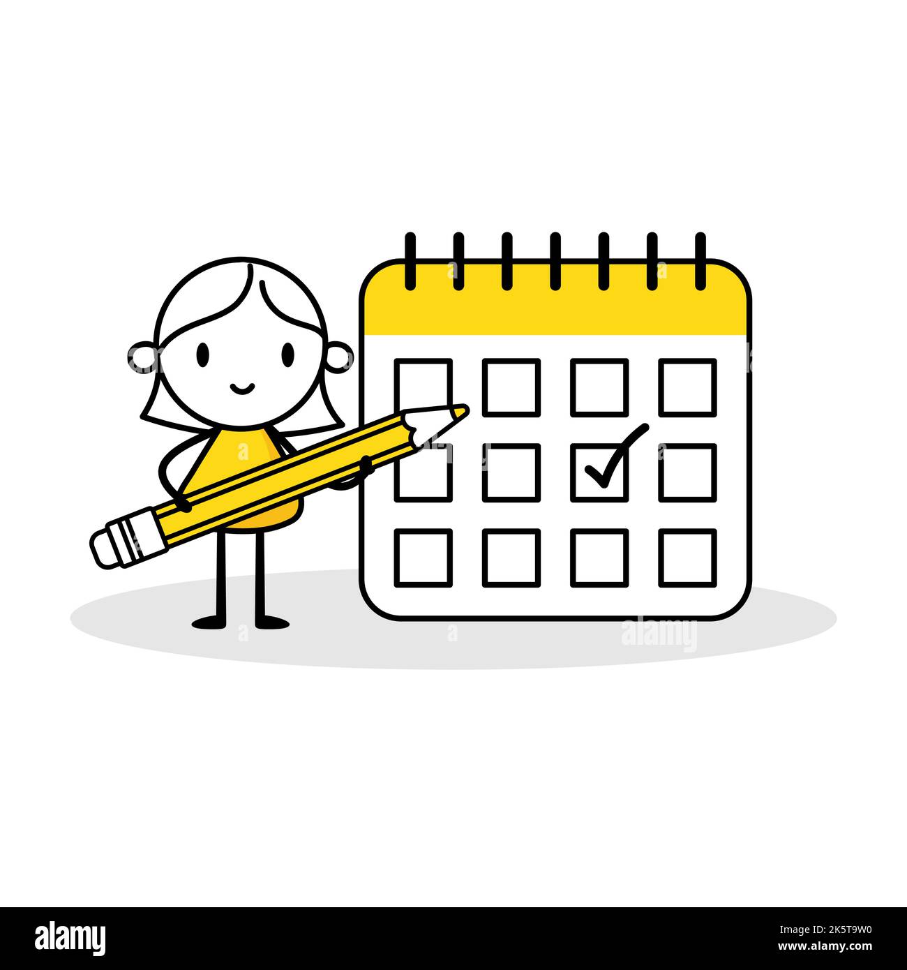 Woman check calendar. Female character with pencil. Concept mark on the ...