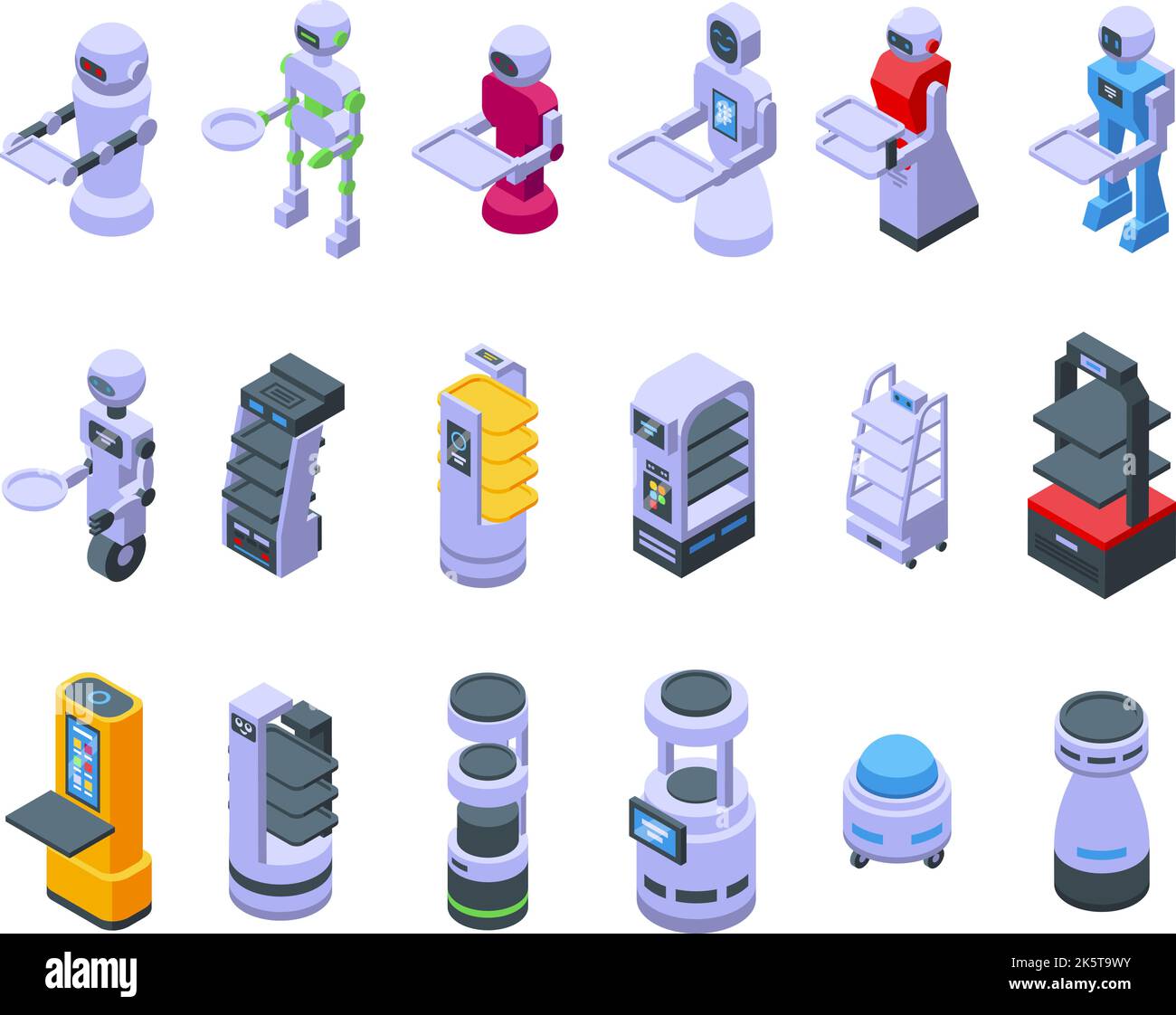Robot waiter icons set isometric vector. Domestic waiter. House ...