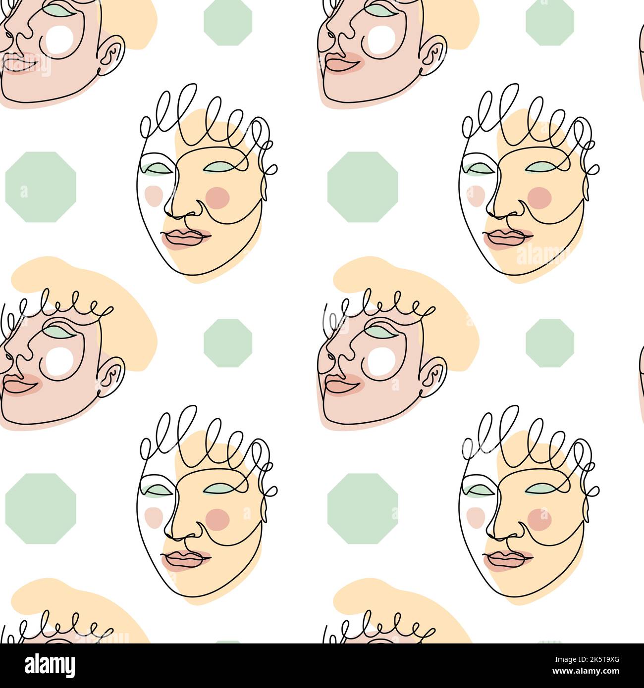 Seamless pattern with black single line drawings of female face and ...