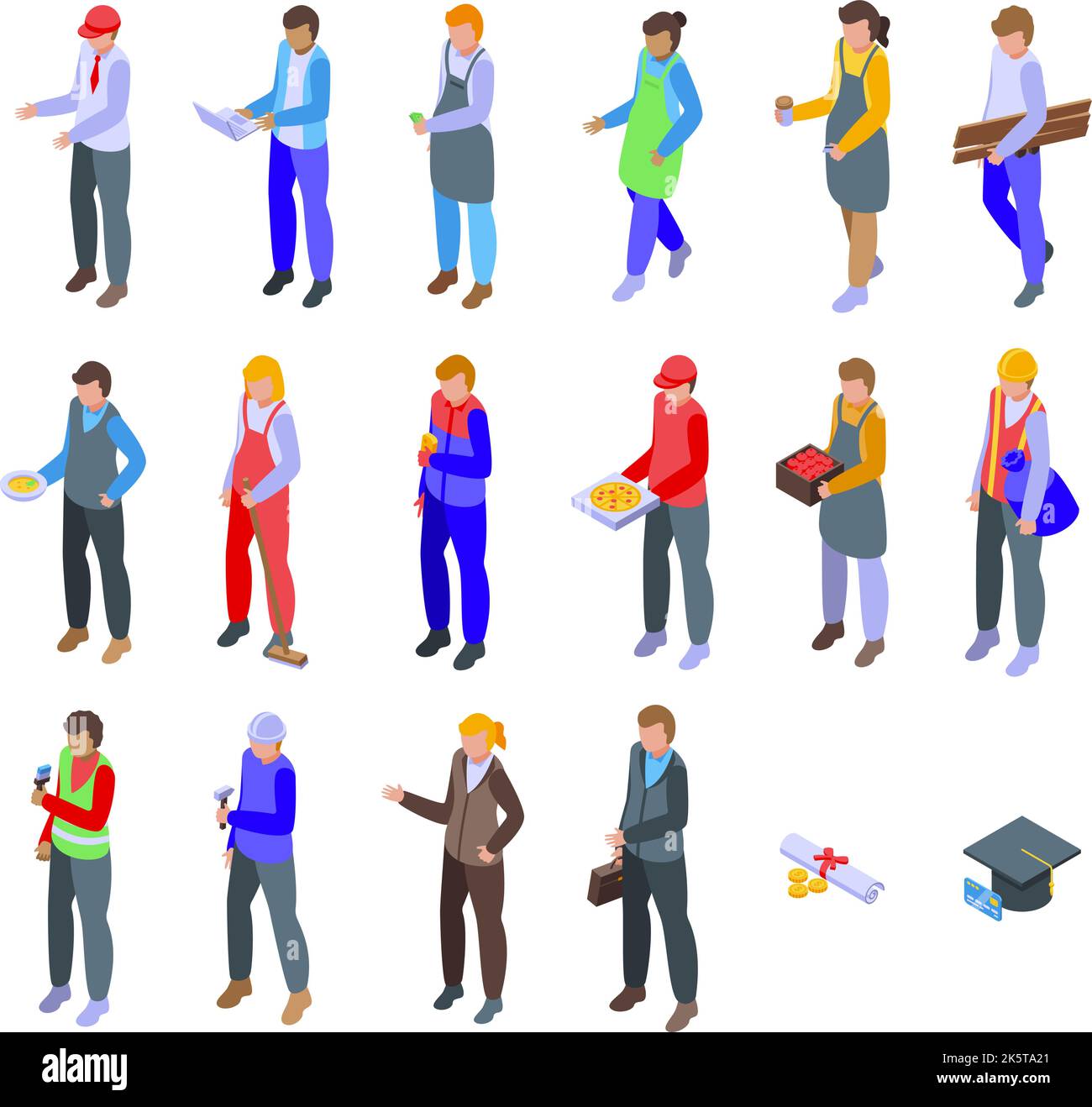 Teenagers first job icons set isometric vector. School girl. Business ...