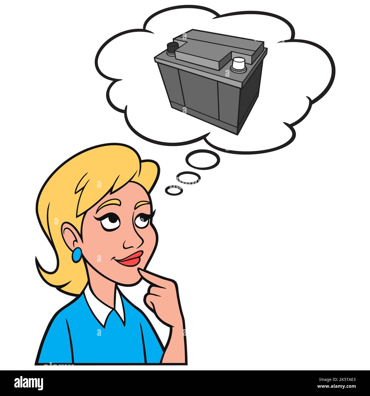 Girl Thinking About A Car Battery A Cartoon Illustration Of A Girl Thinking About Purchasing A