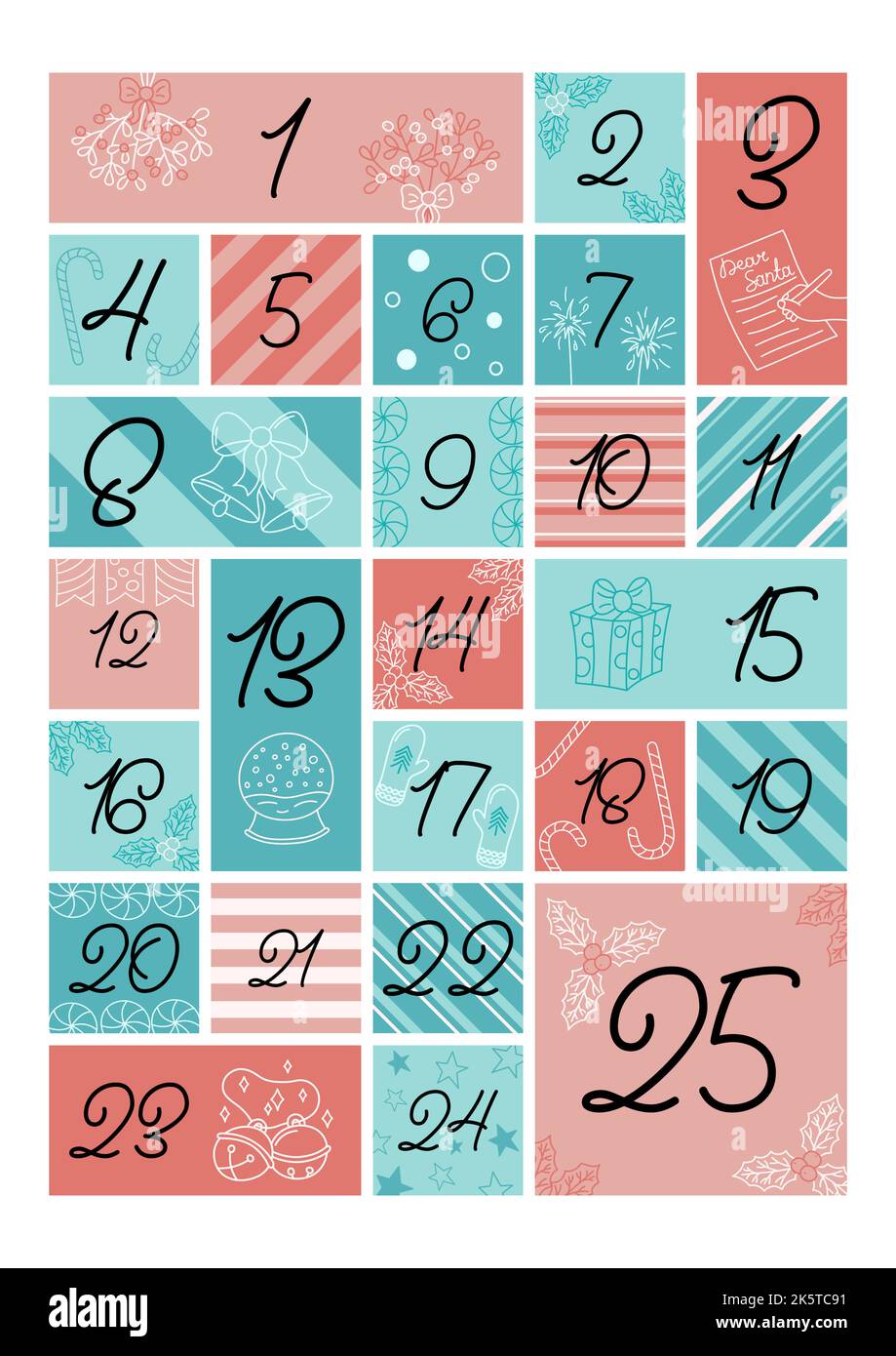 Advent calendar vertical page A4, A5. Christmas doodle elements. Xmas ...