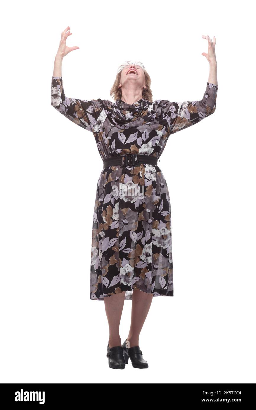 Old adult glad excited cheerful lady smiling, laughing, screaming ...
