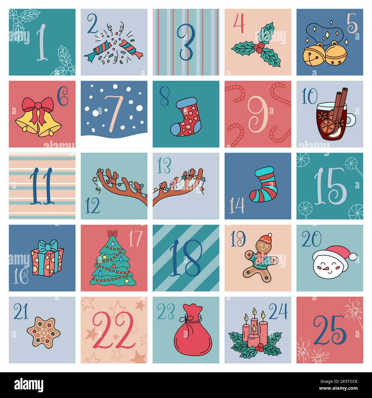 Advent calendar. Funny Christmas doodle elements. Xmas numbers from 1 ...