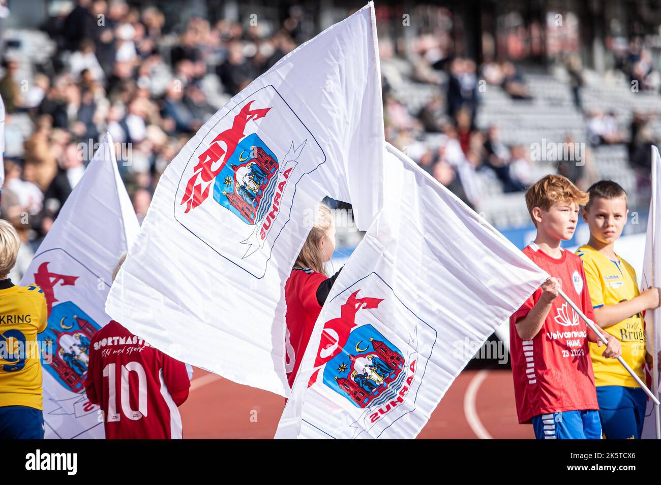 Aarhus, Denmark. 09th Oct, 2022. Football fans of AGF seen with flags ...