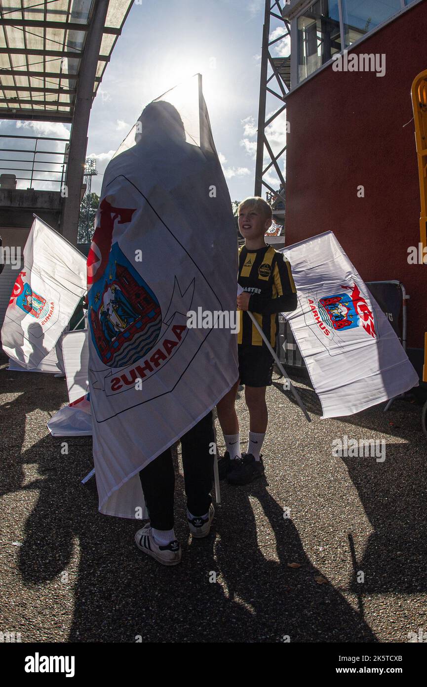 Aarhus, Denmark. 09th Oct, 2022. Football fans of AGF seen with flags ...
