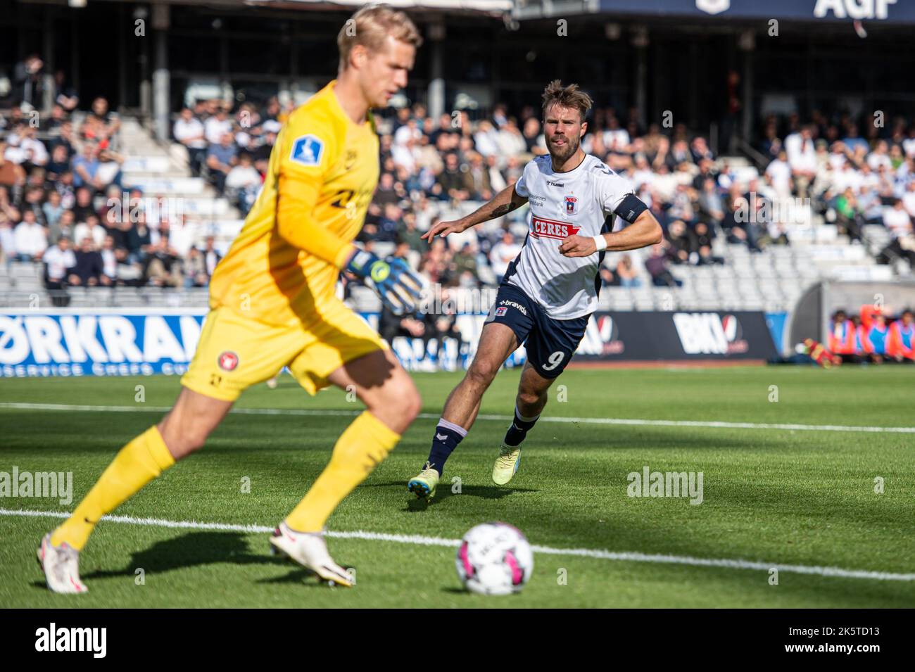 Aarhus, Denmark. 09th Oct, 2022. Patrick Mortensen (9) of AGF seen ...