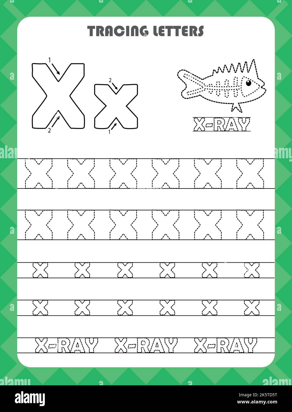Trace letters of English alphabet and fill colors Uppercase and lowercase X. Handwriting ...