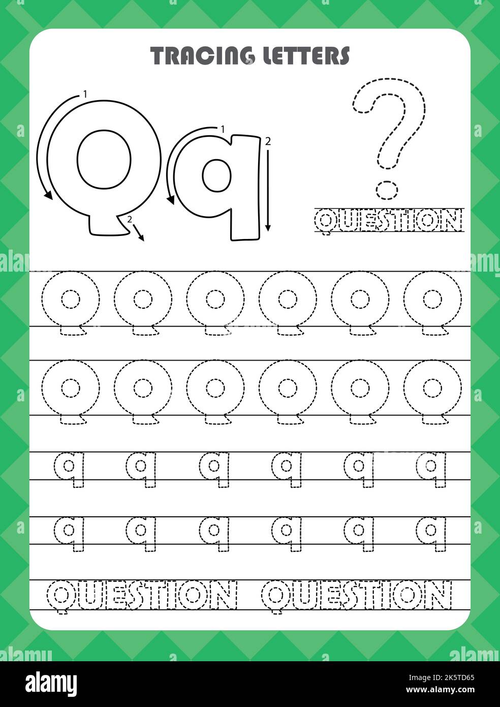Trace letters of English alphabet and fill colors Uppercase and lowercase Q. Handwriting ...