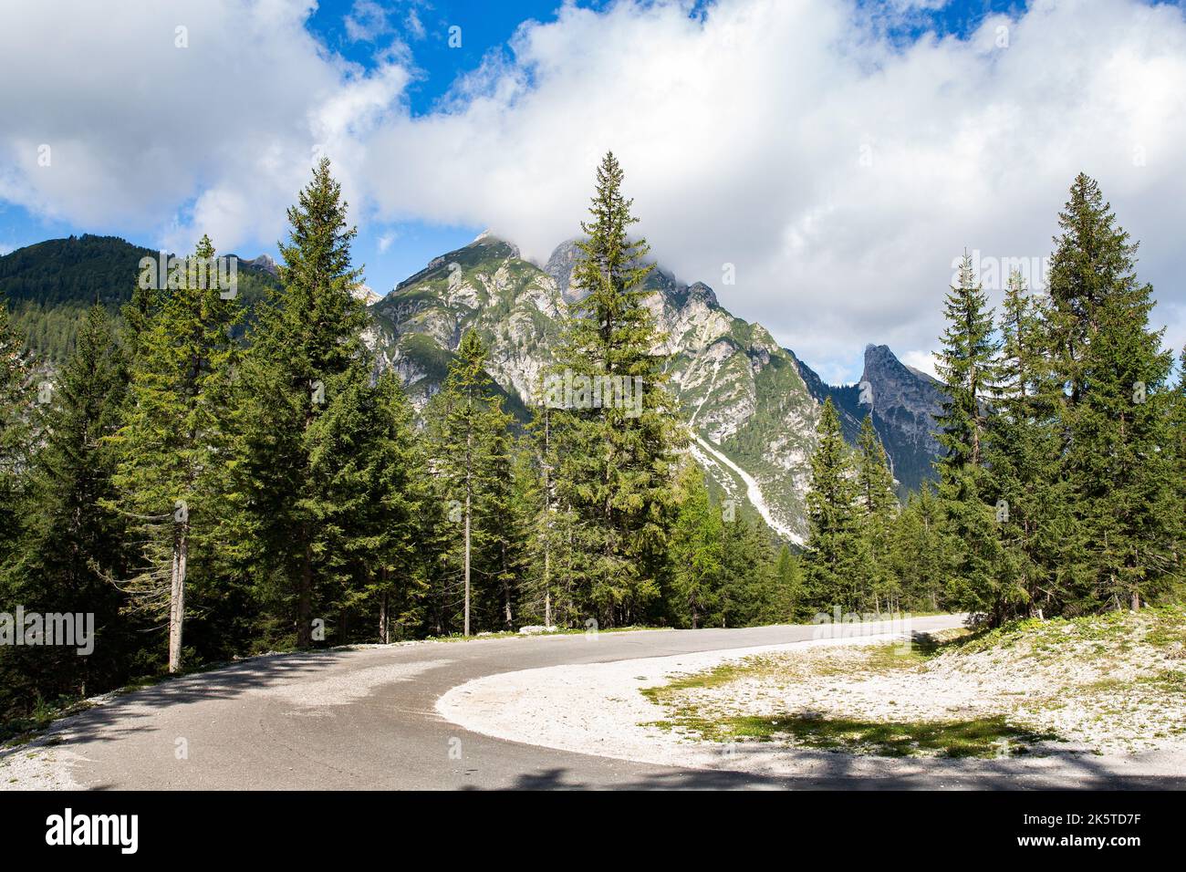A beautiful shot of a road with trees line and Dolomites under blue ...
