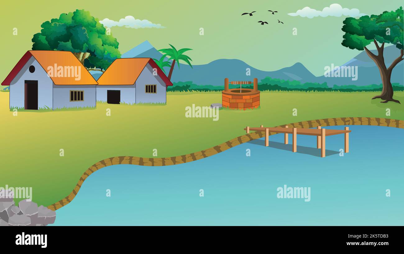 Village cartoon background illustration with old style cottage, lake ...