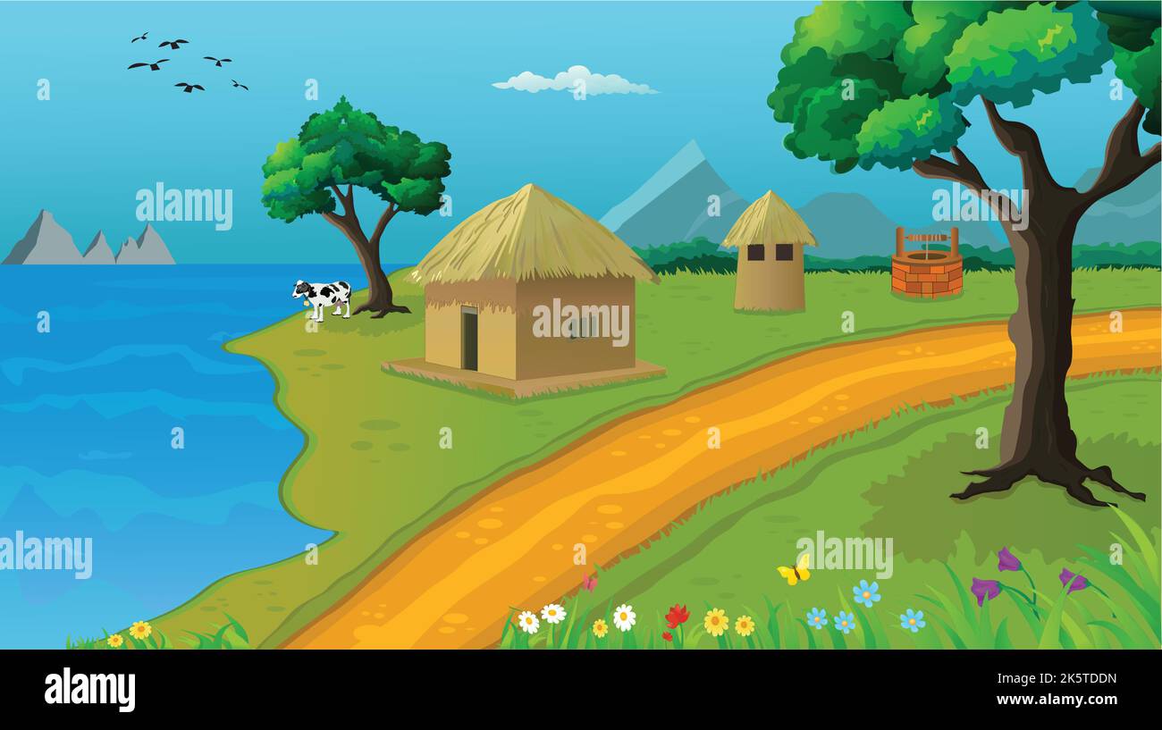 Village cartoon background illustration with old style cottage, lake ...