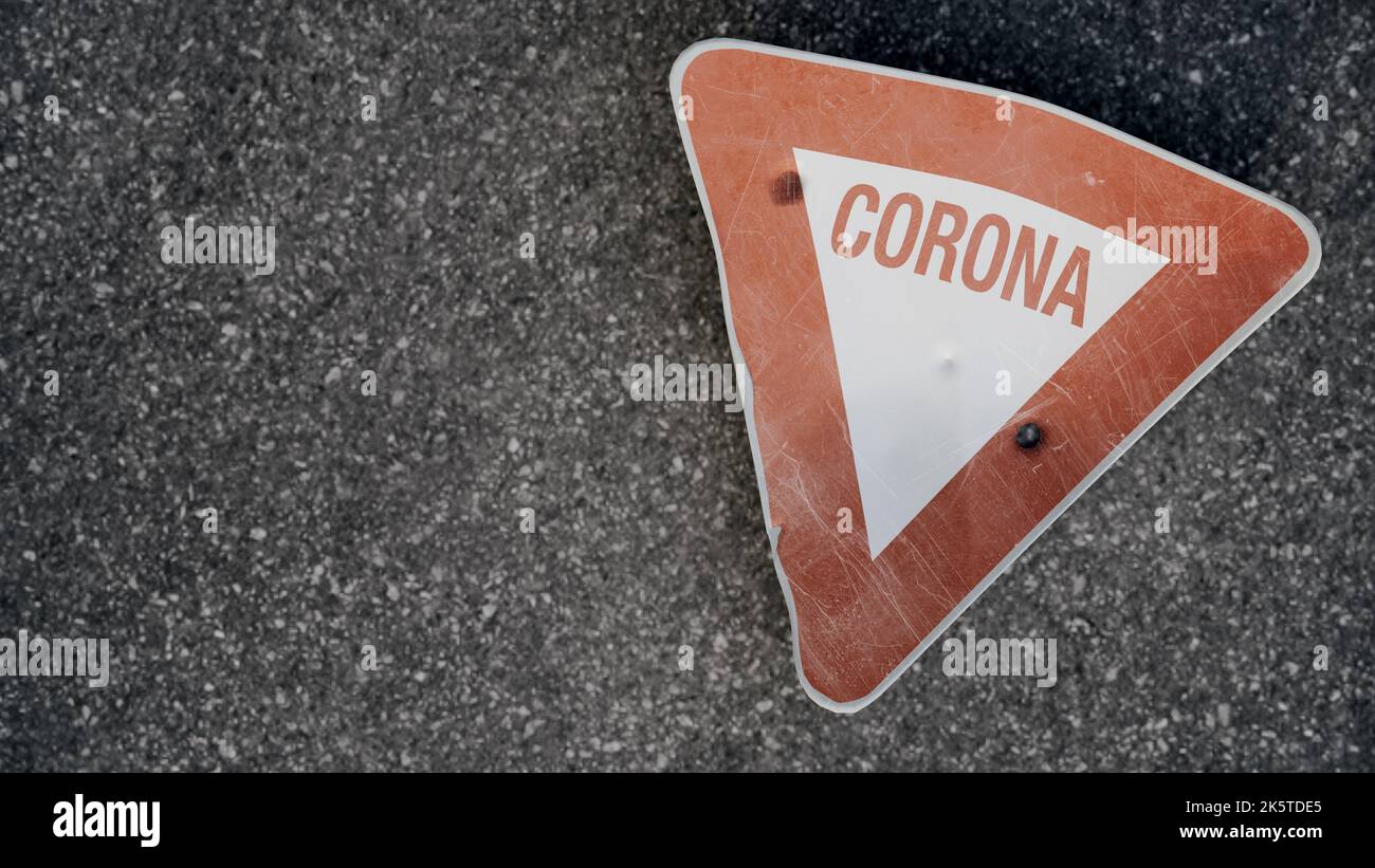 Corona is over or back, damaged street sign with the word corona as 3D ...