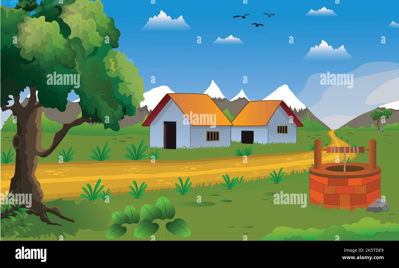Village cartoon background illustration with old style cottage, lake ...