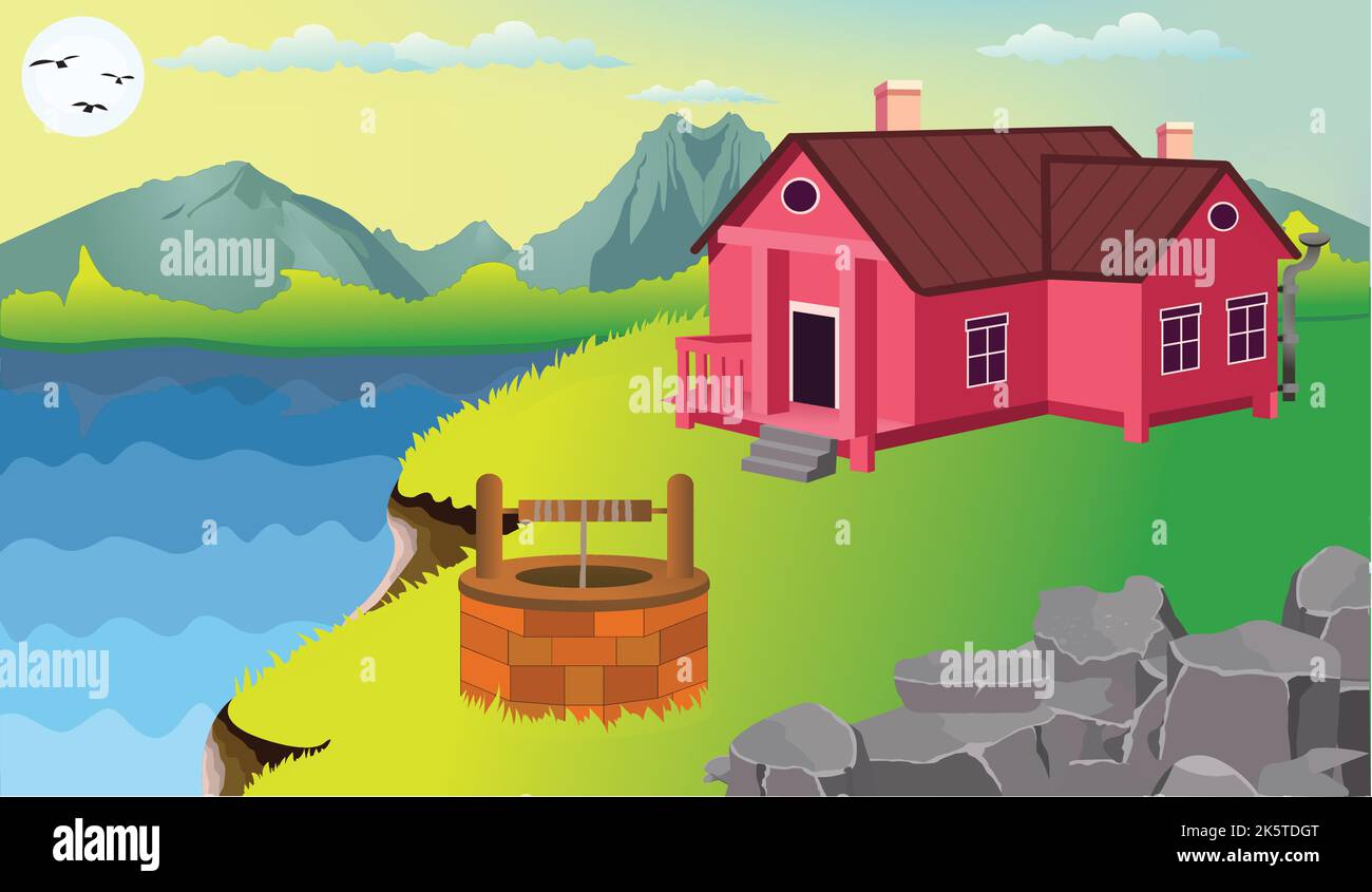 Village cartoon background illustration with old style cottage, lake ...