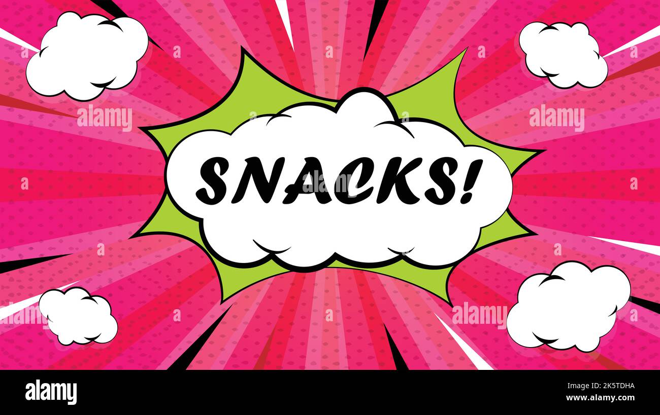 Comic speech bubble with sunburst text SNACKS!. Vector bright dynamic ...