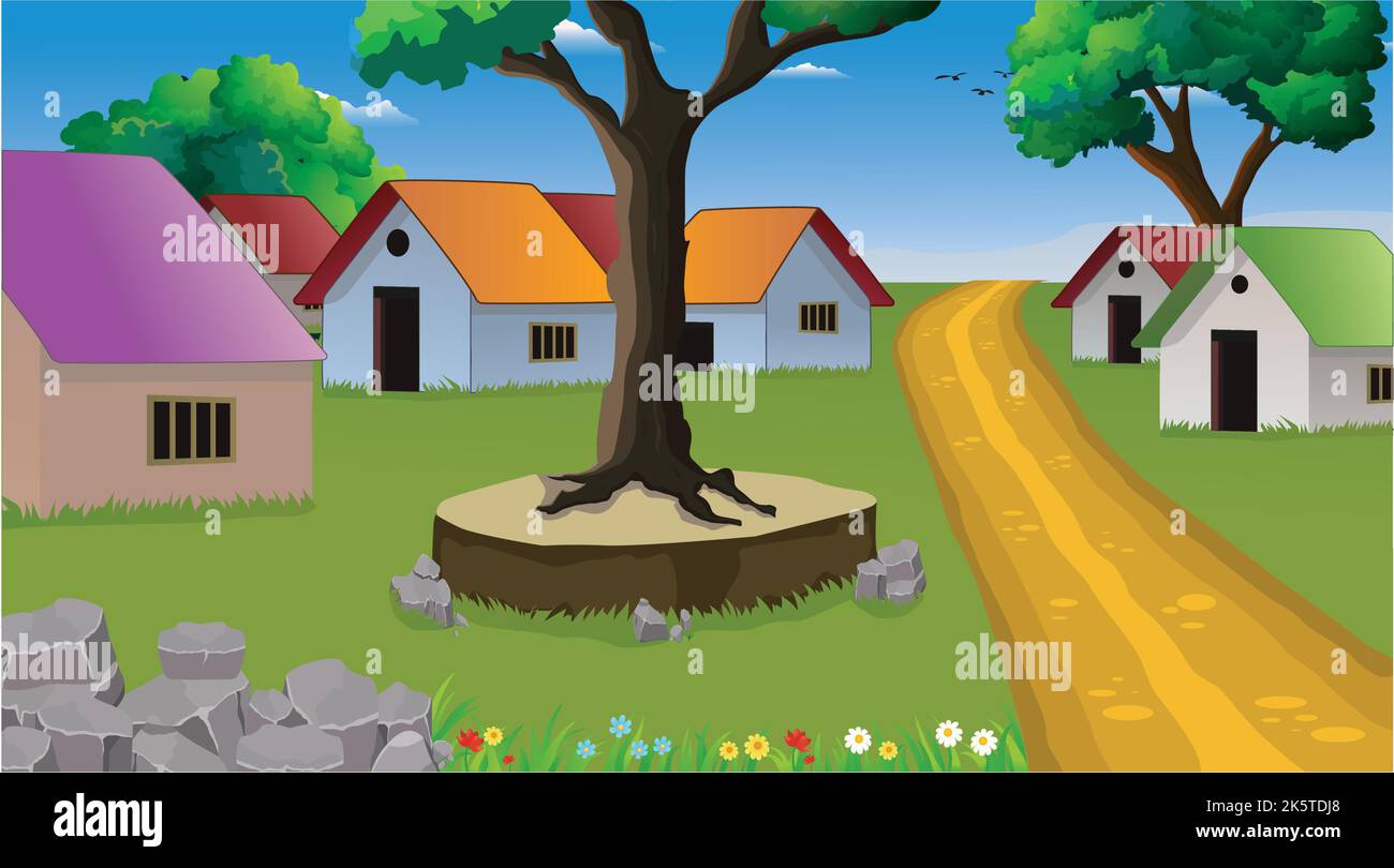 Village cartoon background illustration with old style cottage, lake ...