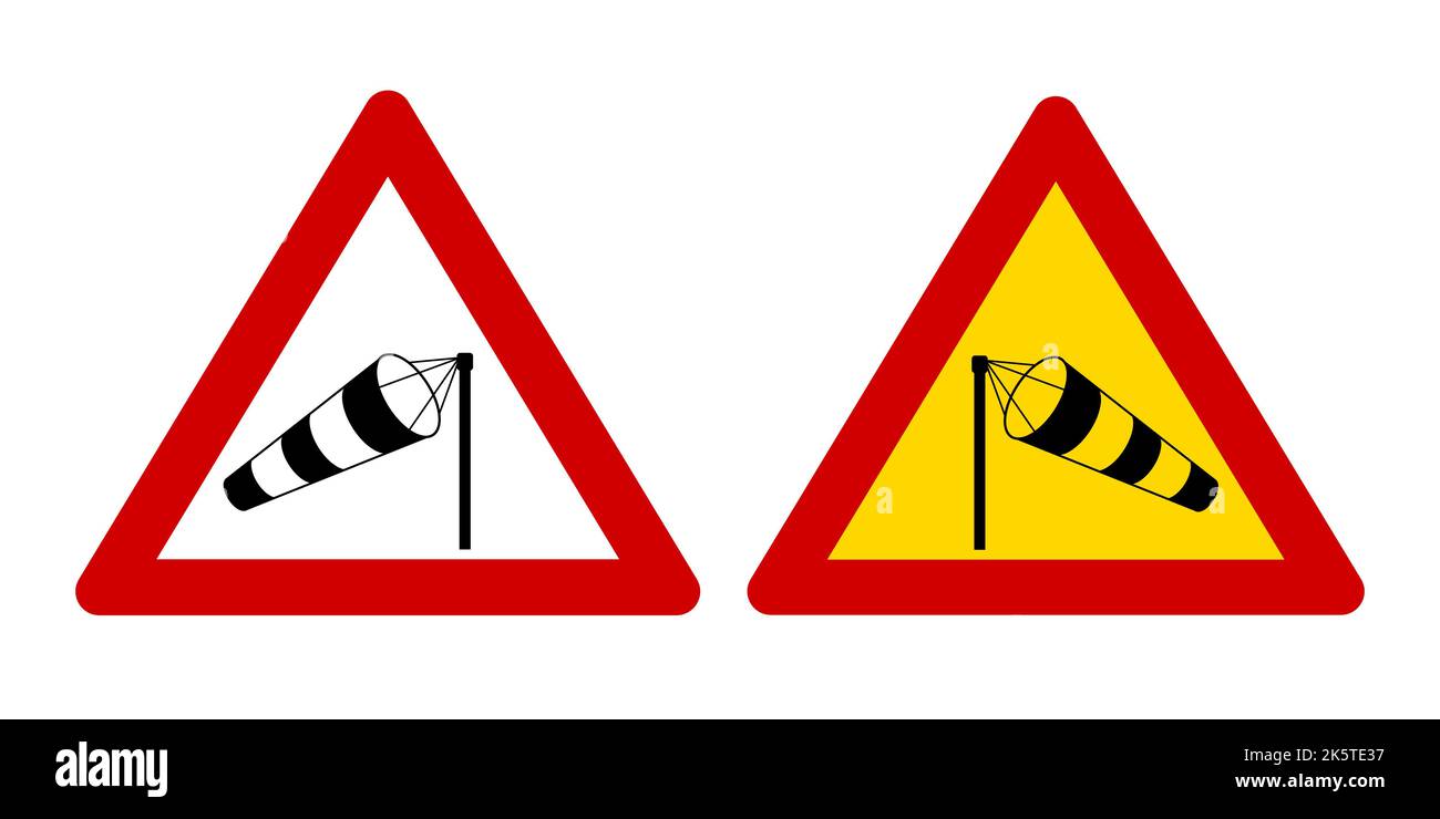Crosswind road sign - windsock in red triangle and with yellow ...