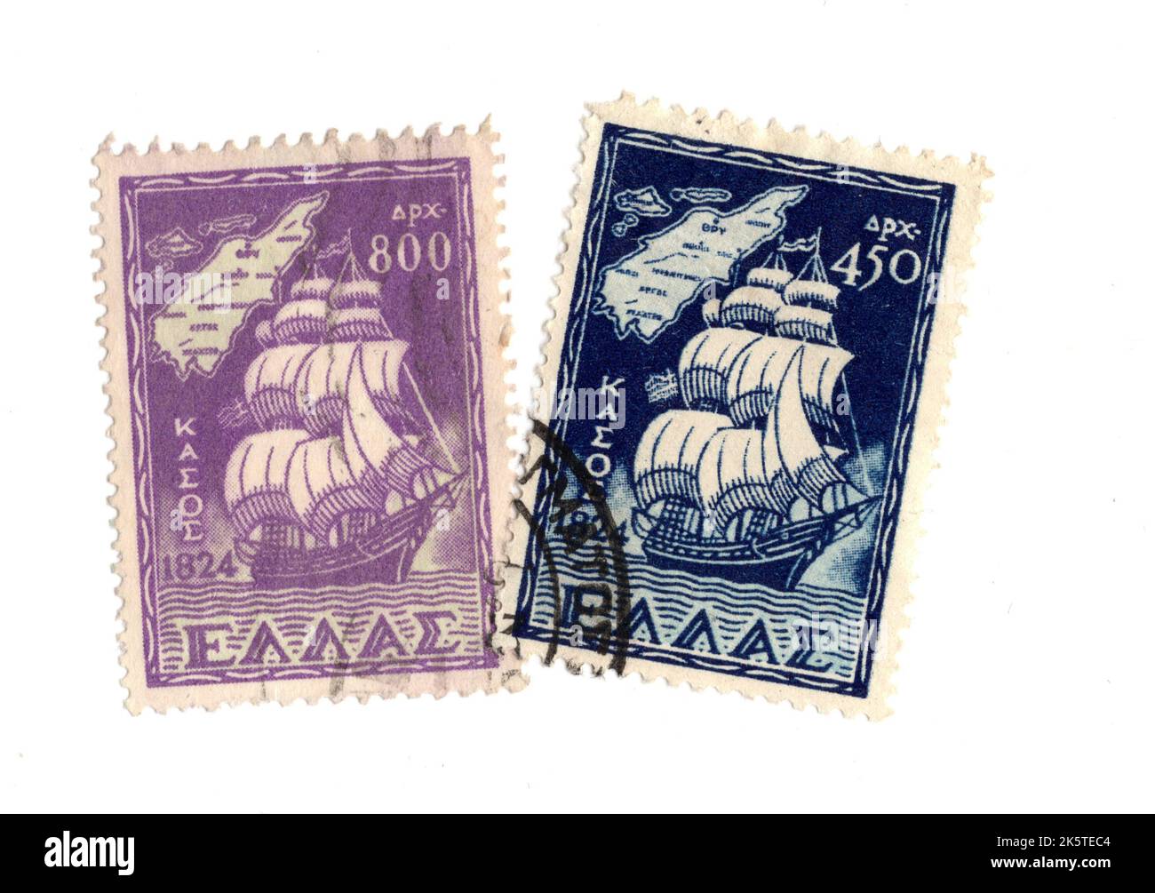 A montage of vintage postage stamps from Greece on a white background ...