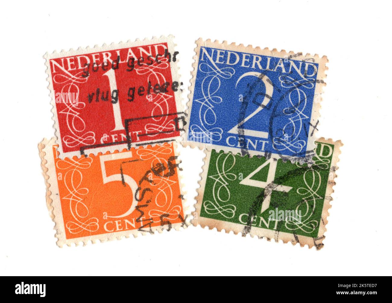 A montage of vintage postage stamps from the Netherlands on a white ...
