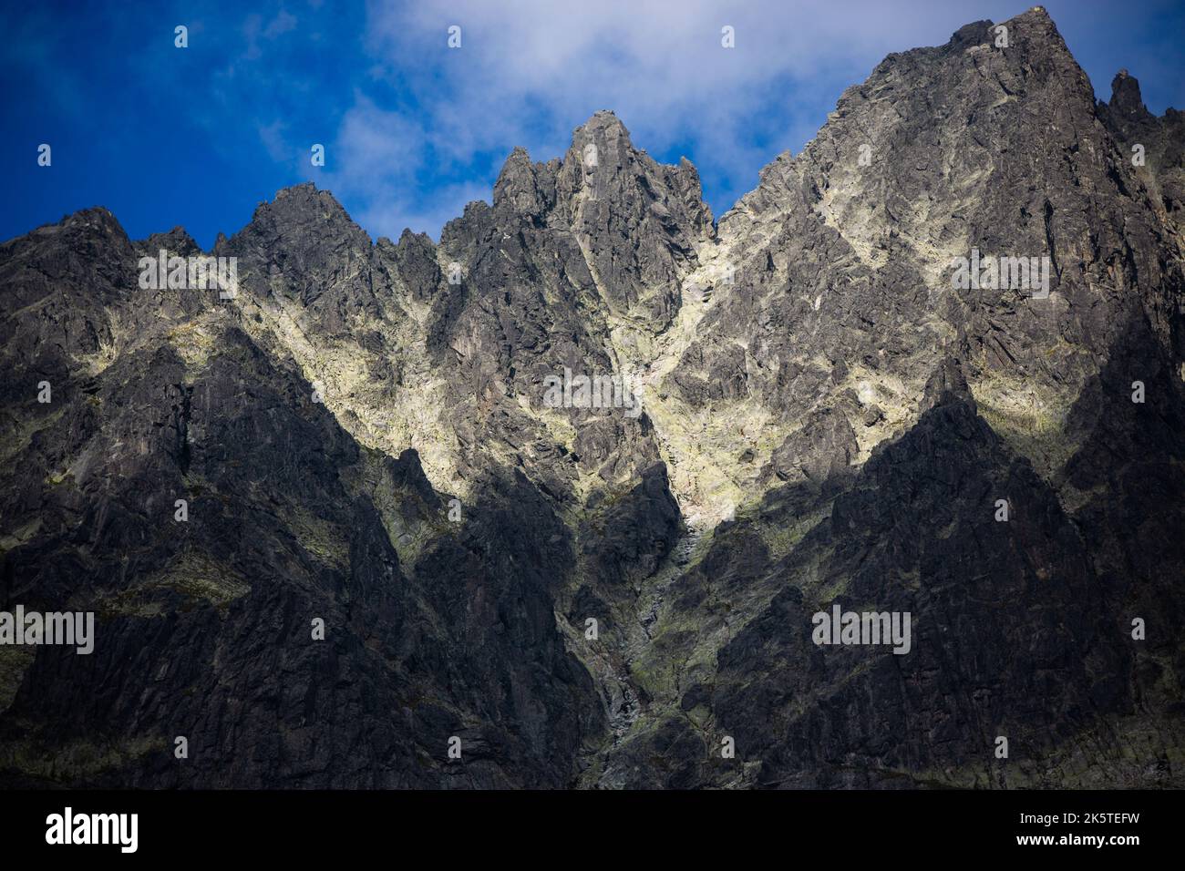 An aerial view of High Tatras mountain landscape under blue bright sky ...