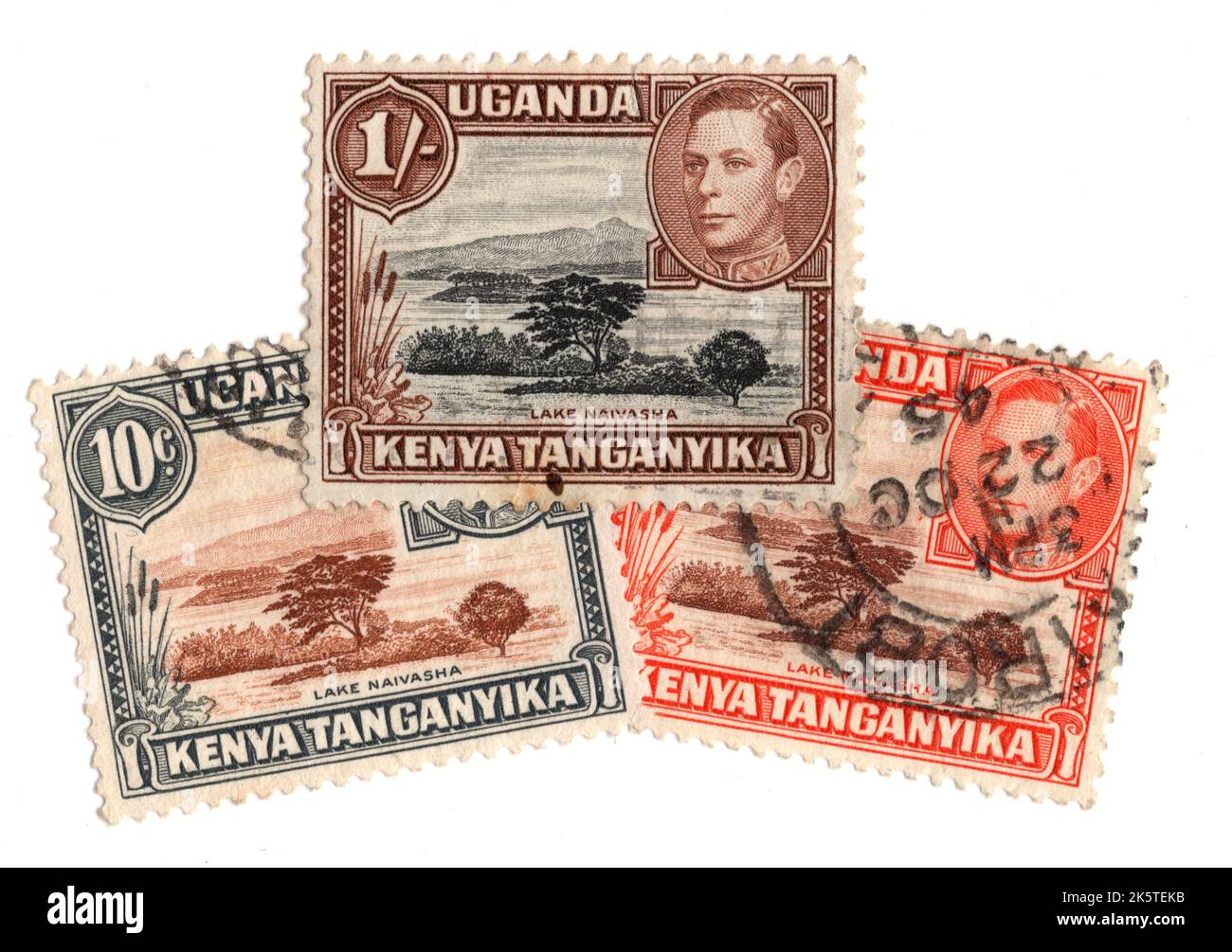 A montage of vintage postage stamps from Uganda, Kenya and Tanganjika ...