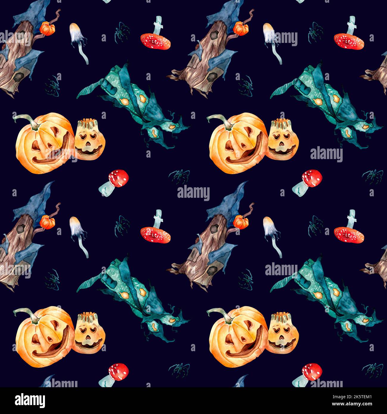 Smiling pumpkins and whimsical houses watercolor seamless pattern ...