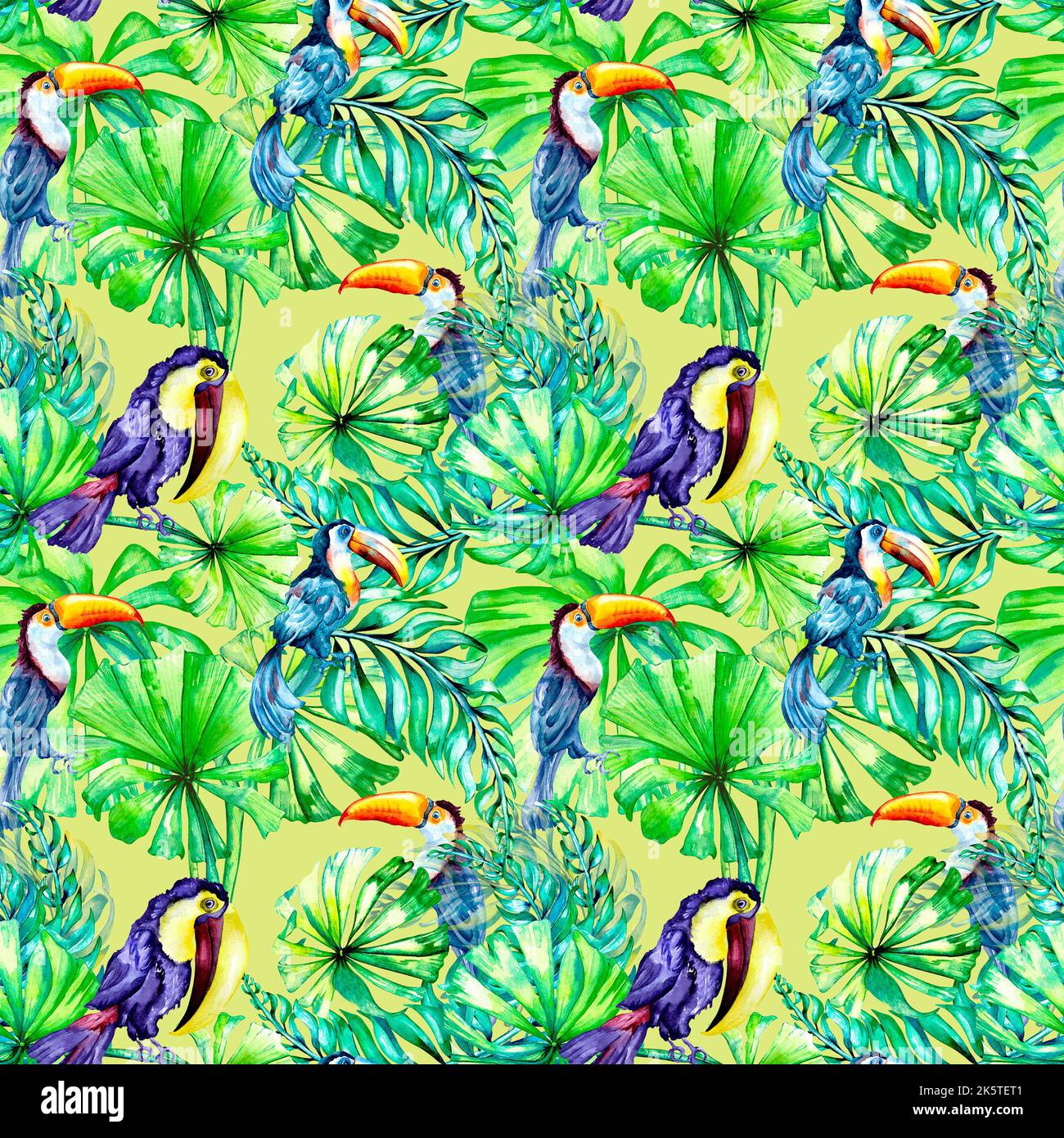Toucan tropical birds and palm leaves watercolor seamless pattern on ...