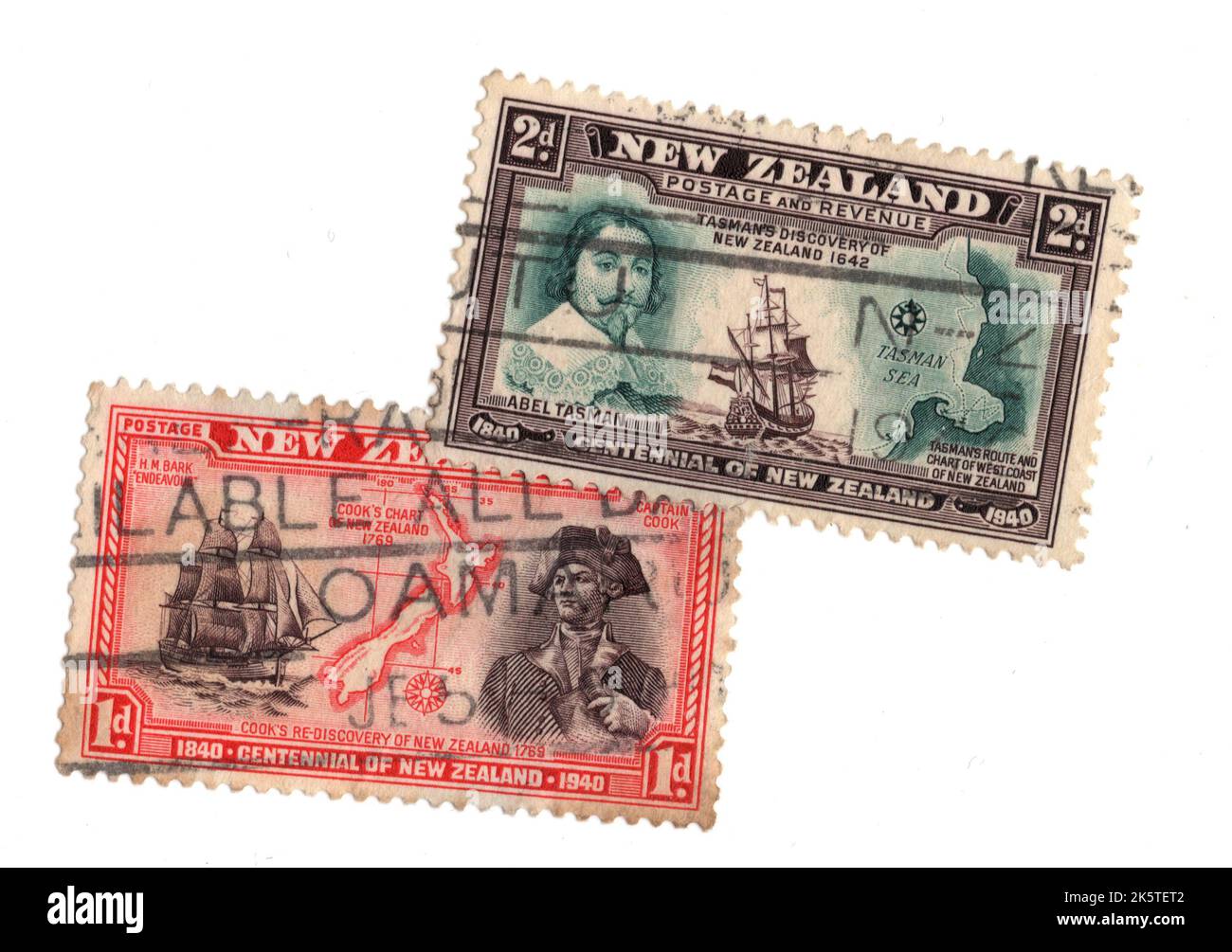 A montage of vintage postage stamps from New Zealand on a white ...