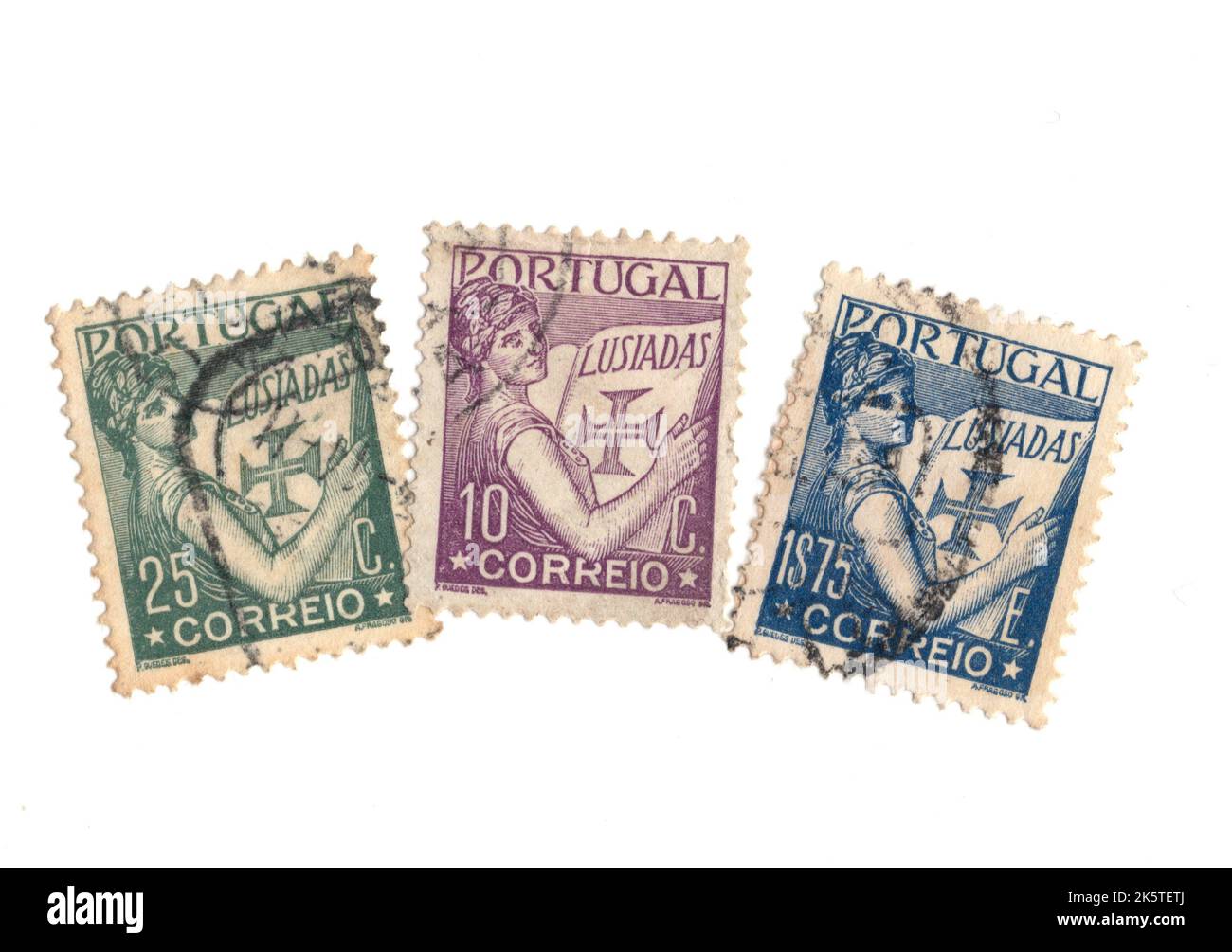 A montage of vintage postage stamps from Portugal on a white background ...